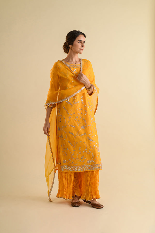 Saffron Yellow Gota Patti Chanderi Suit Set – Kameez
