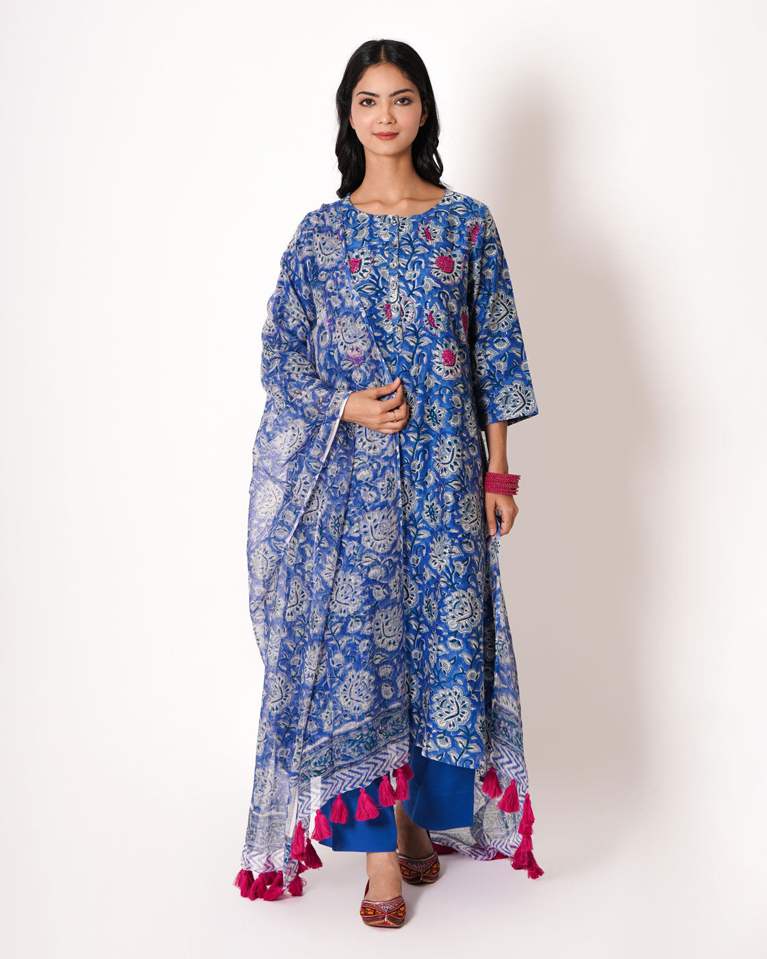 Deep Blue Handblock Print Chanderi Suit Set – Kameez