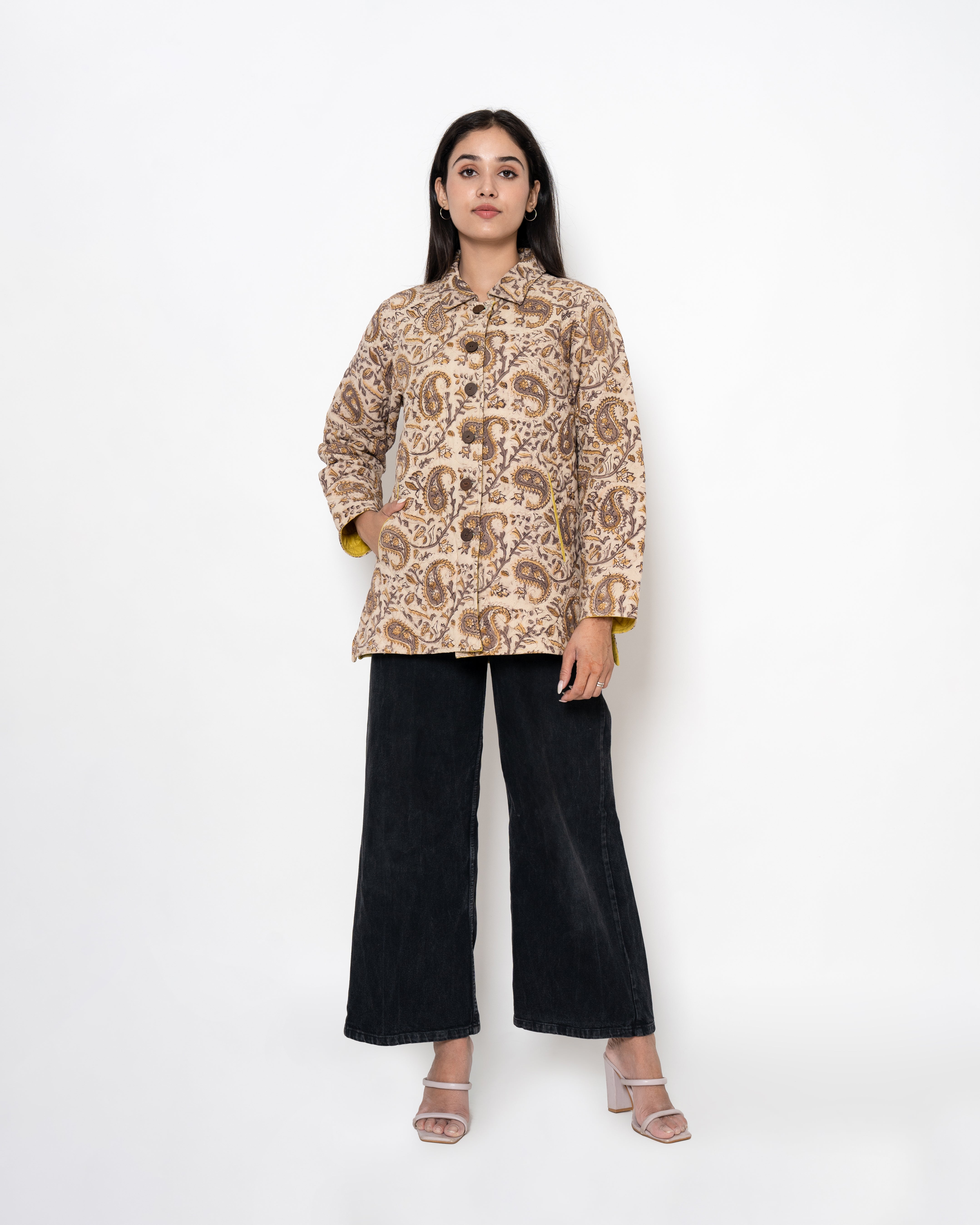 Soft Tan Hand Print Cotton Jacket – Kameez
